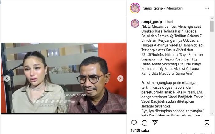 Vadel Badjideh Jadi Tersangka, Nikita Mirzani Minta Postingan tentang Lolly Dihapus