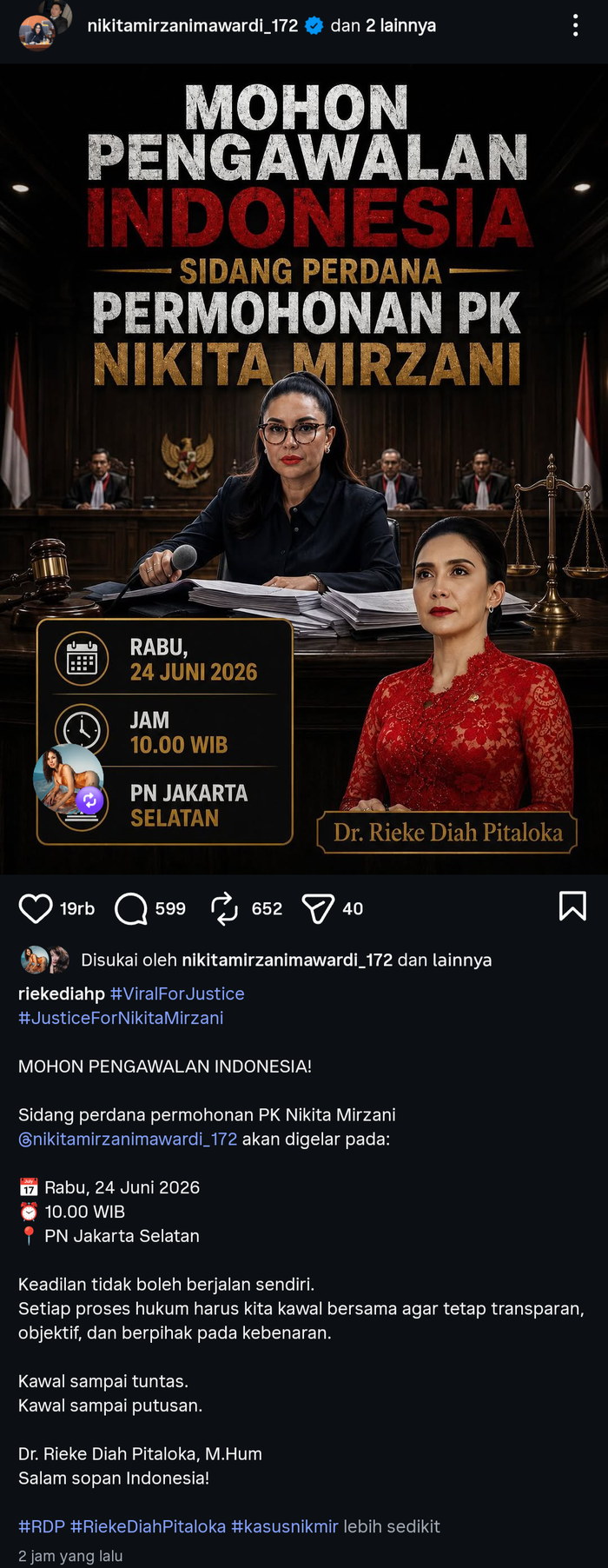 Rieke Diah Pitaloka Ajak Publik Ikut Kawal Sidang PK Nikita Mirzani ...